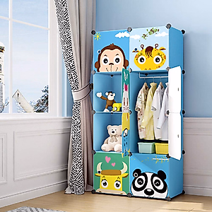 MAGINELS Children Wardrobe Kid Dresser Cute Baby Portable Closet Bedroom Armoire Clothes Hanging Storage Rack Cube Organizer(Blue, 6 Cube & 1 Rod)