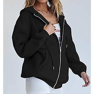 Ezbelle Women's Zip Up Hooded Oversized Sweatshirts Full Zipper Lightweight Hoodie Long Sleeve Cardigantops Y2k Fall Winter Clothes Black L