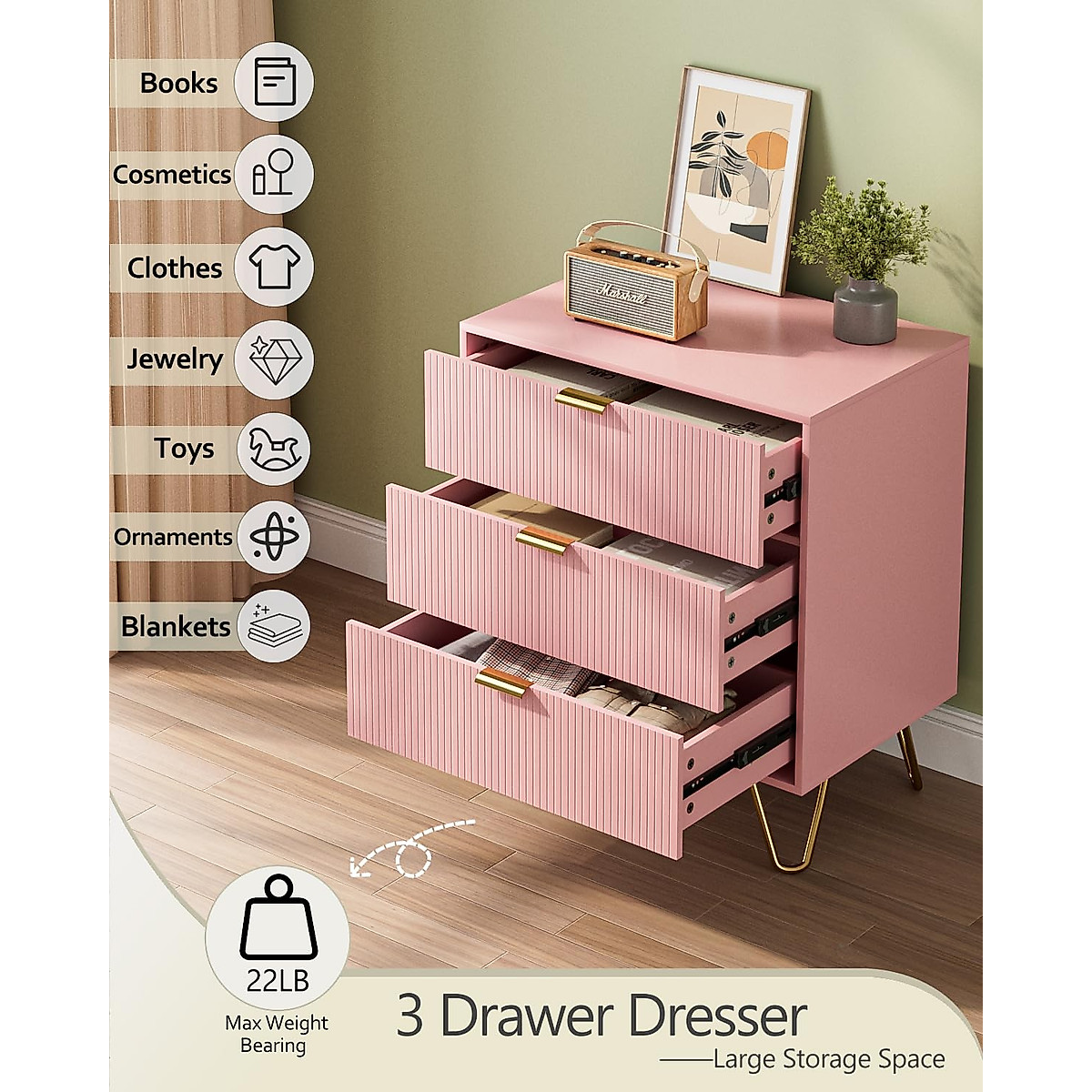 Aobafuir 3 Drawer Dresser for Bedroom, Modern Closet Dressers Chest of Drawers, Storage Dresser Chest Cabinet Organizer Unit, Small Fluted Dresser for Bedroom (Pink Stripe)