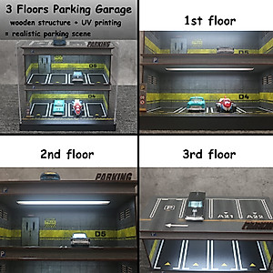 Hot Diecast Wheels Display Case - 1/64 Scale Die-cast Model Car Display Case with LED Light and Acrylic Cover, Wooden Parking Garage in 3 Floors with 10 Parking Spaces (D5)