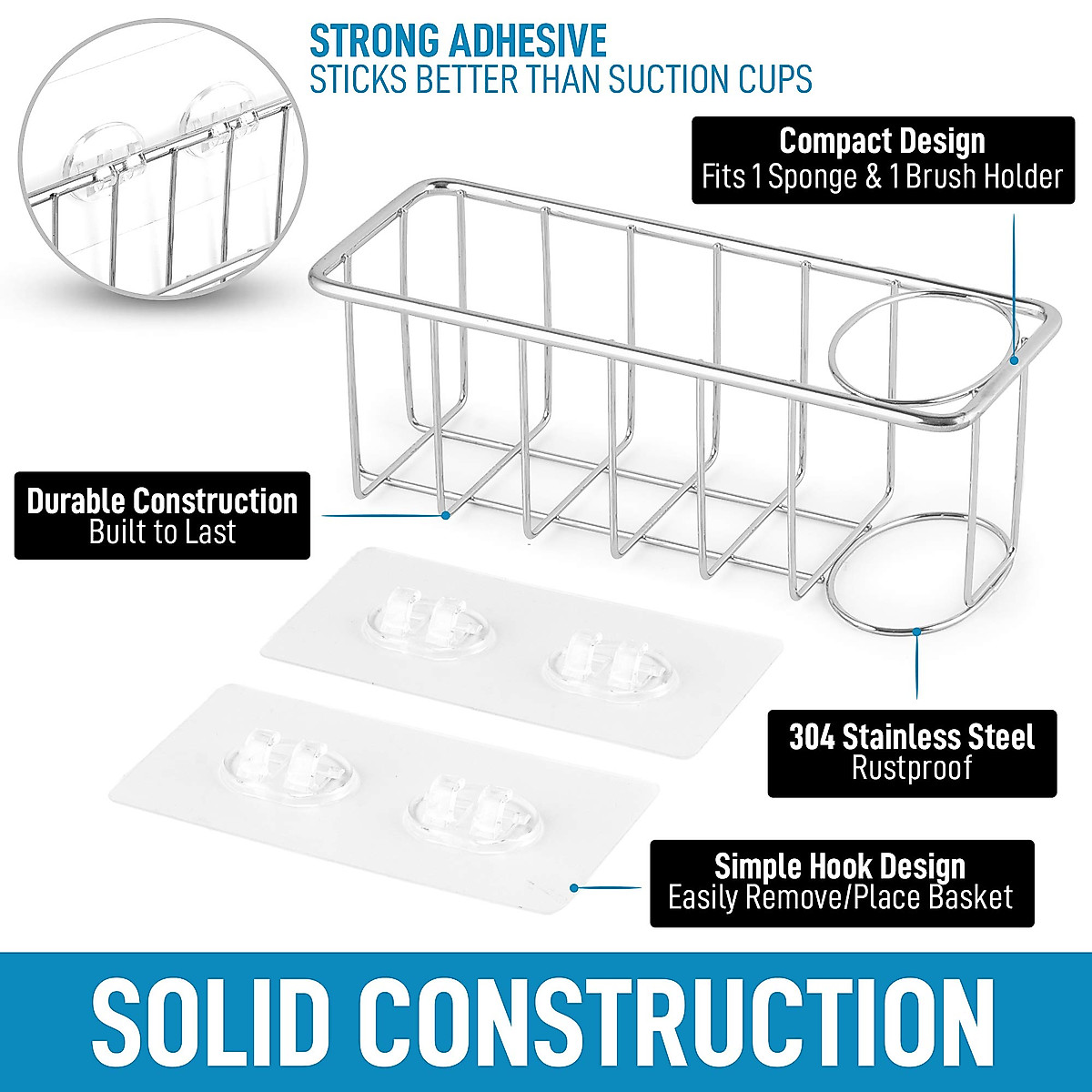Zulay 2-in-1 Sponge Holder for Sink - Stainless Steel Kitchen Sink Sponge Holder with Extra Strong Adhesive - Rust Proof Dish Brush Holder & Dish Sponge Holder - Solid Sponge Caddy Sink Organizer