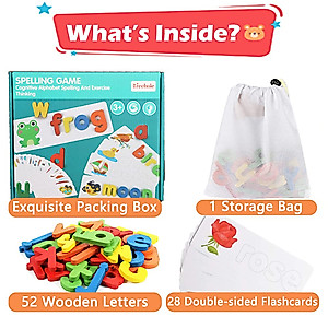 Wooden Toddler See and Spelling Learning Toy Matching Alphabet Word Game with 56 Different Words on 28 Two-Sided Cognitive Cards Letter Jigsaw Puzzle Toys for Kid’s Montessori Preschool Education