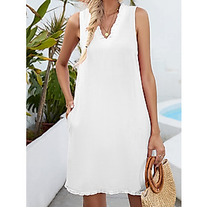 Famulily Sleeveless T Shirt Dresses for Women Linen Sundresses for Women Short Vocation Dresses for Ladies White M