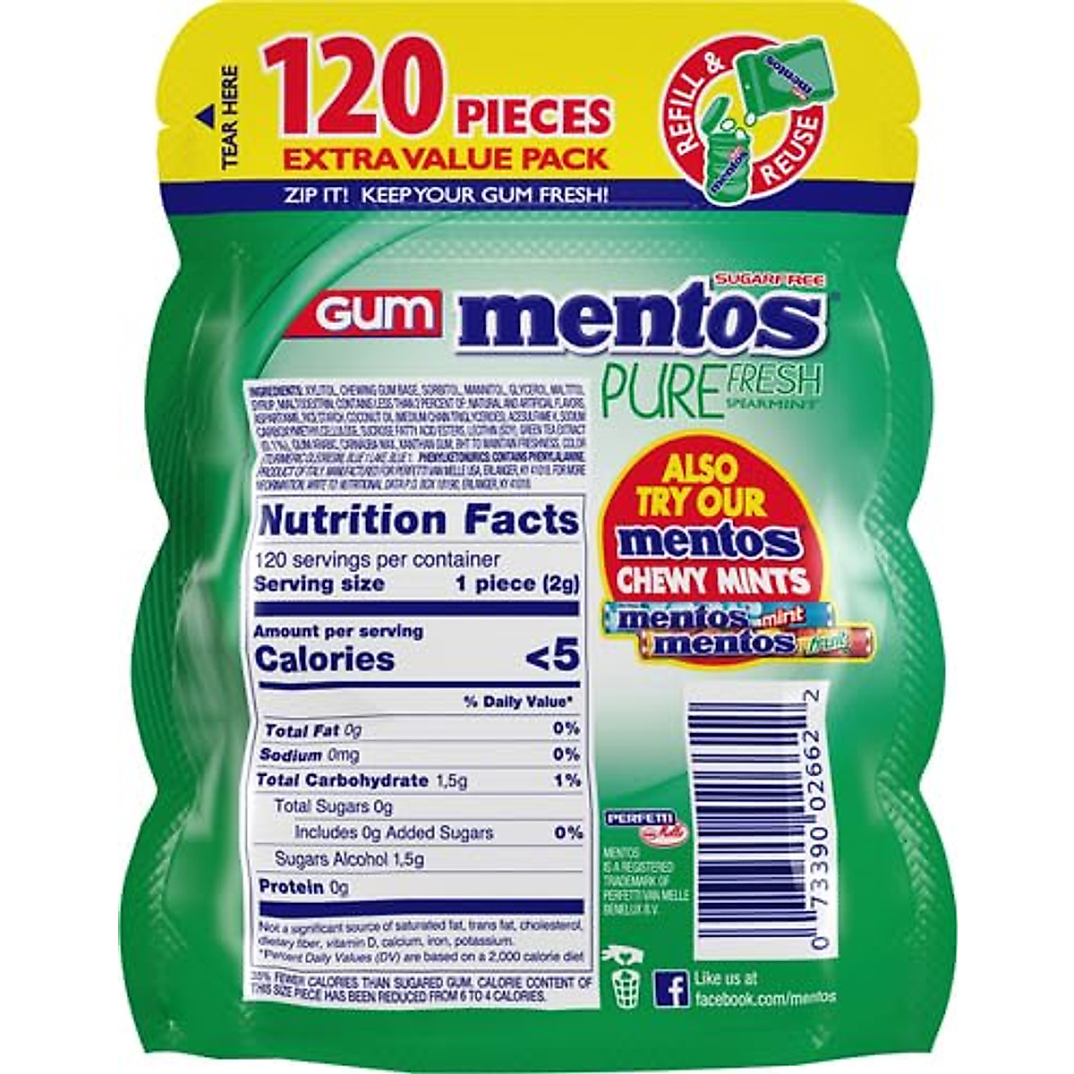 Mentos Pure Fresh Sugar-Free Chewing Gum with Xylitol, Spearmint, 120 Piece Bulk Resealable Bag (Pack of 1)