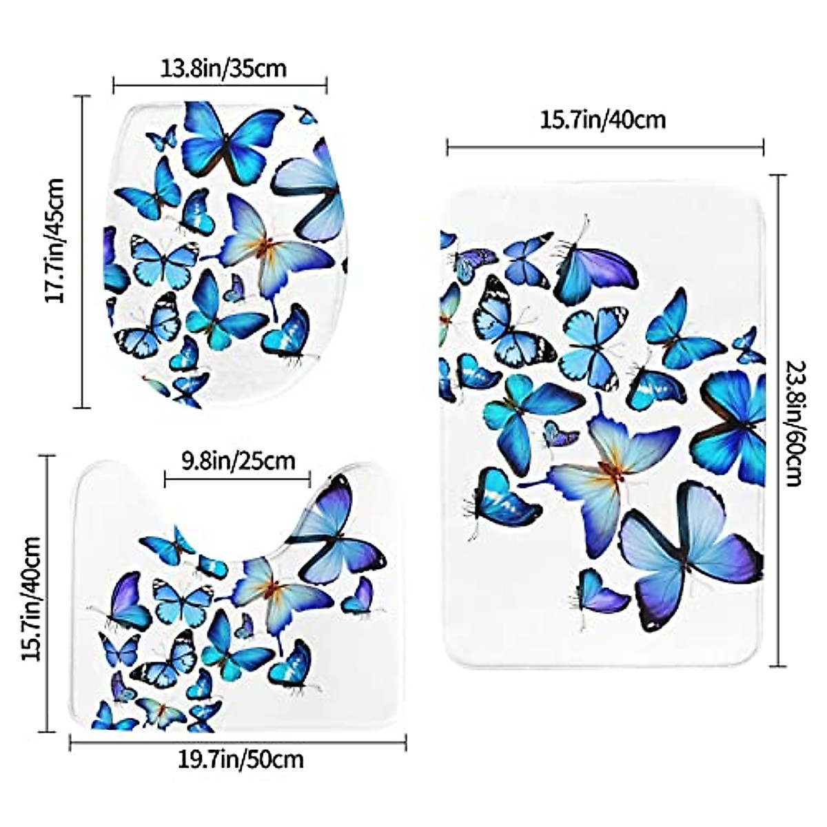 ASEELO Blue Butterfly Bathroom Rugs Sets 3 Piece with Toilet Cover, Bath Mats,U-Shaped Contour Mat,for Bathroom,Tub