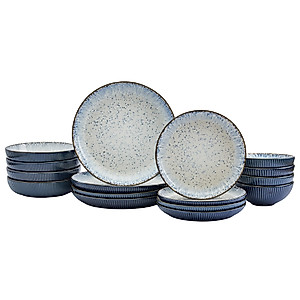 Tabletops Gallery Speckled Farmhouse Collection- Stoneware Dishes Service for 4 Dinner Salad Appetizer Dessert Plate Bowls, 16 Piece Jura Embossed Dinnerware Set in Smoky Blue