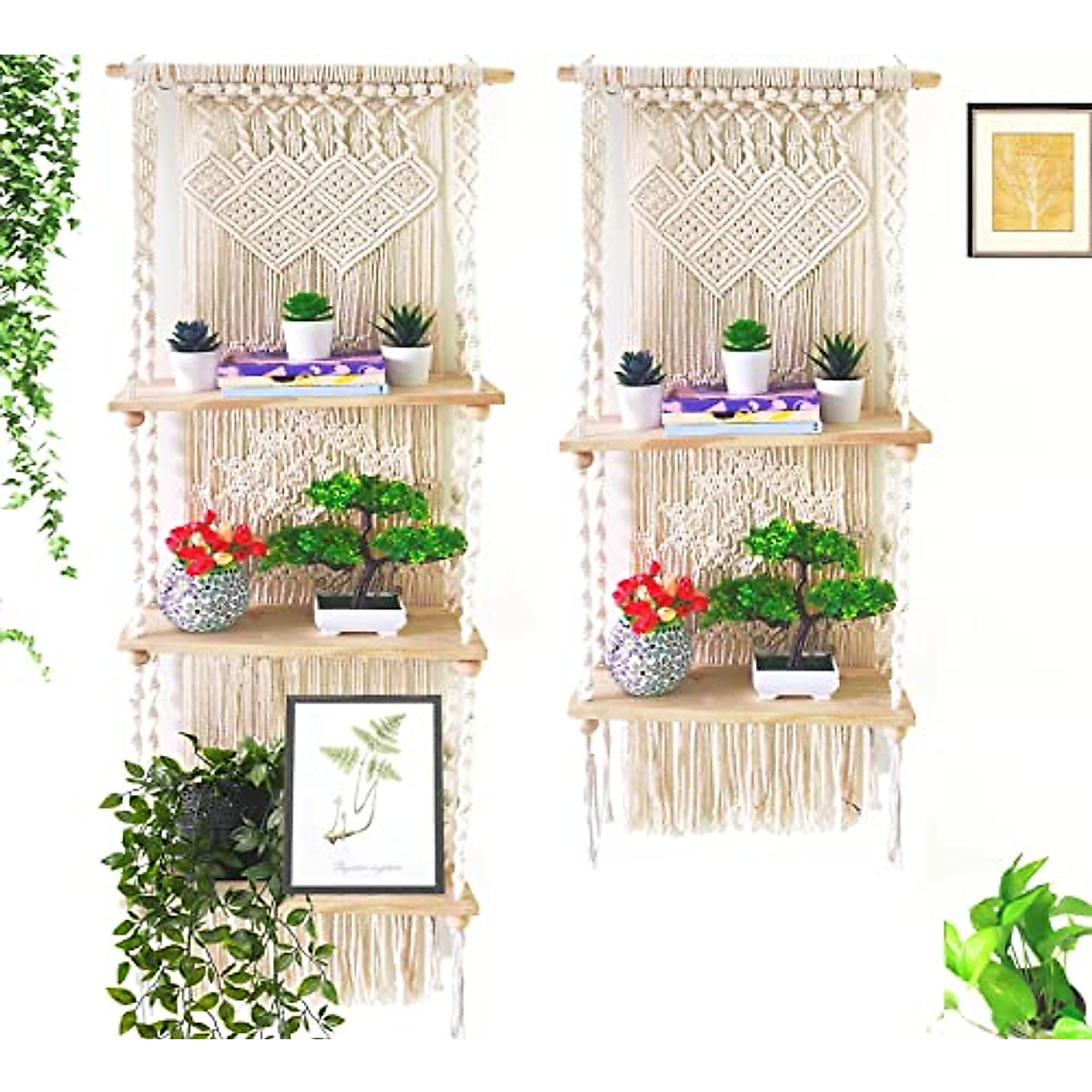 Induslyfe Tier 3 Tier 2 Macrame Wall Hanging Shelf Rack for Hanging Wall Decor Boho Shelf Wall Decor Plant Shelf, Boho White Hanging Shelf Woven Rope for Bedroom, Book