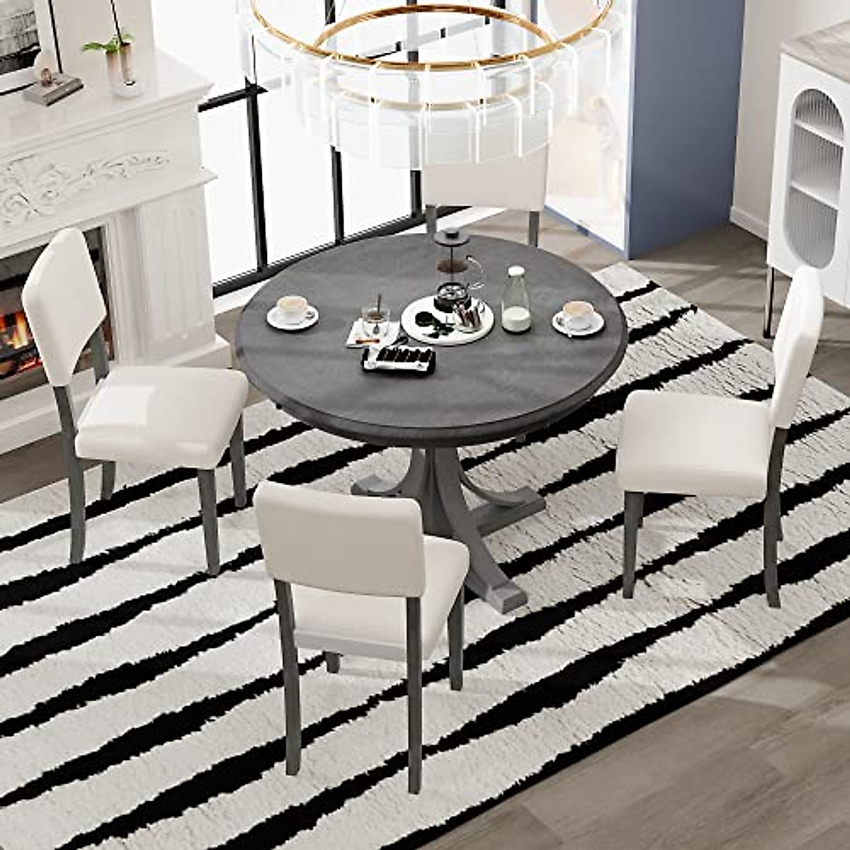WOZNLA 5-Piece Round Kitchen Dining Table Set - Curved Trestle Style Legs, 4 Upholstered Chairs Included