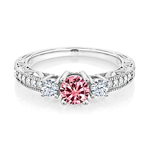 Gem Stone King 925 Sterling Silver Round Pink Moissanite and White Created Sapphire 3 Stone Women Ring (0.89 Cttw, Available In Size 5, 6, 7, 8, 9)