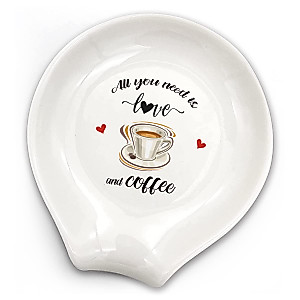 WHING Farmhouse Kitchen White Ceramic Coffee Tea Spoon Rest Holder, All We Need Is Love and Coffee - Coffee Station Decor Gift for Coffee Lovers Girlfriend Wife Husband Anniversary Friends