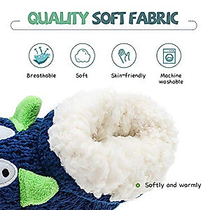 LA PLAGE Boys Girls Blue Monster Bootie Slippers with Cozy Memory Foam Winter Warm Indoor Outdoor House Slippers 1-2 US Navy