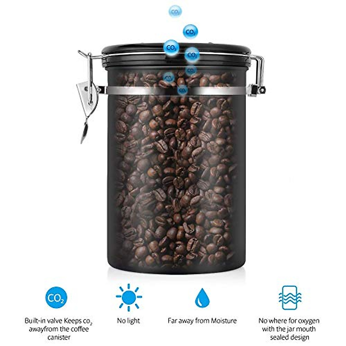 Coffee Container, Coffee Canister Large Airtight Stainless Steel Coffee Container Kitchen Storage Canister for Coffee, Christmas Gift and Birthday Gift(Black)