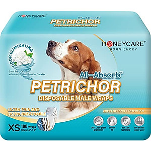 HONEY CARE All Absorb Petrichor Male Dog Wrap, Fresh Smell Disposable Diapers, Extra Small, White, 100 Count