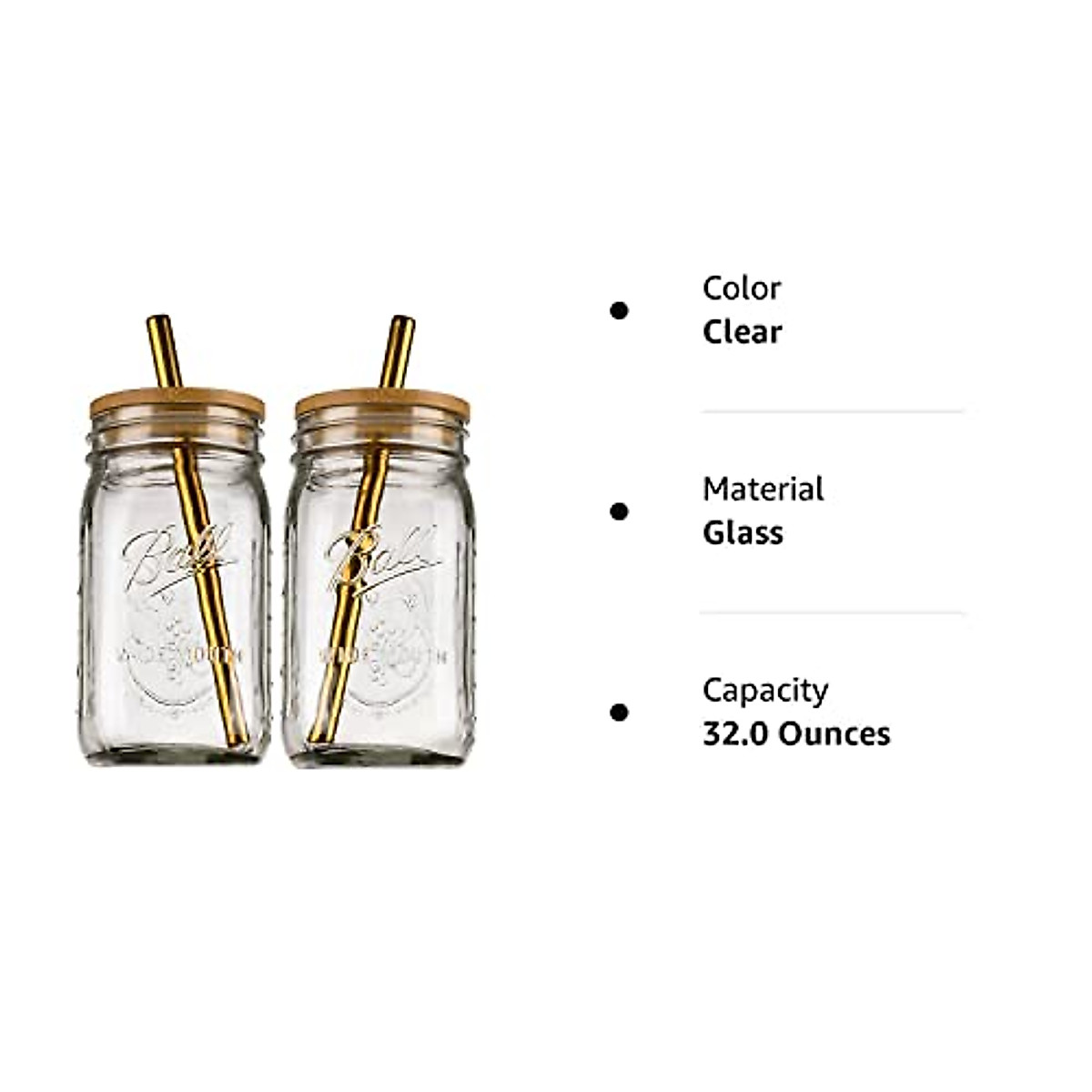 Reusable Boba Bubble Tea & Smoothie Cups - 2 Glass Wide Mouth 32oz Mason Jars with Bamboo Lids - 2 Reusable Gold Stainless Steel Boba Straws
