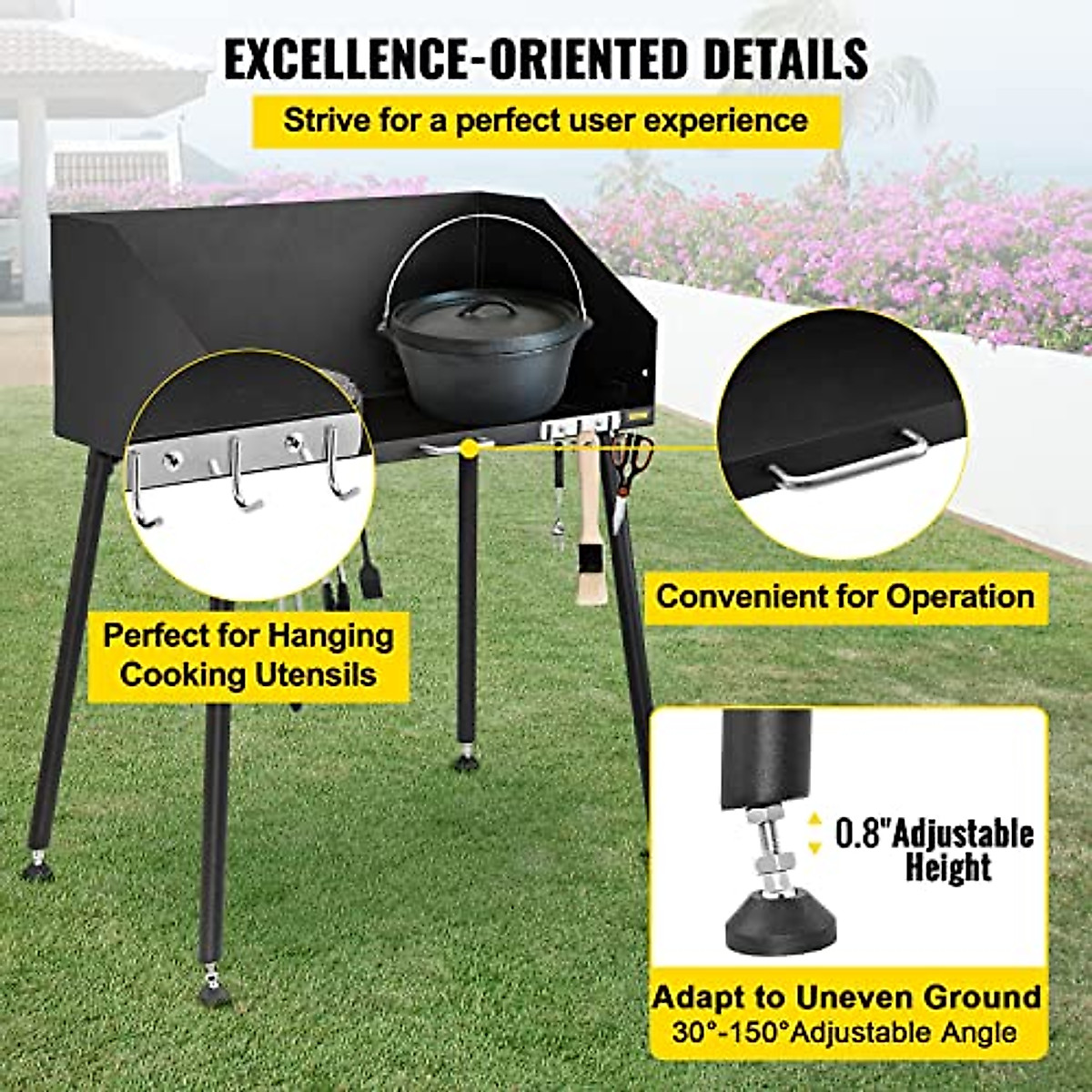 VEVOR Carbon Steel Camp Cooking Table 38 x 16 Inch with Three-Sided Windscreen and Legs for Outdoor Food Preparation and Dutch Oven