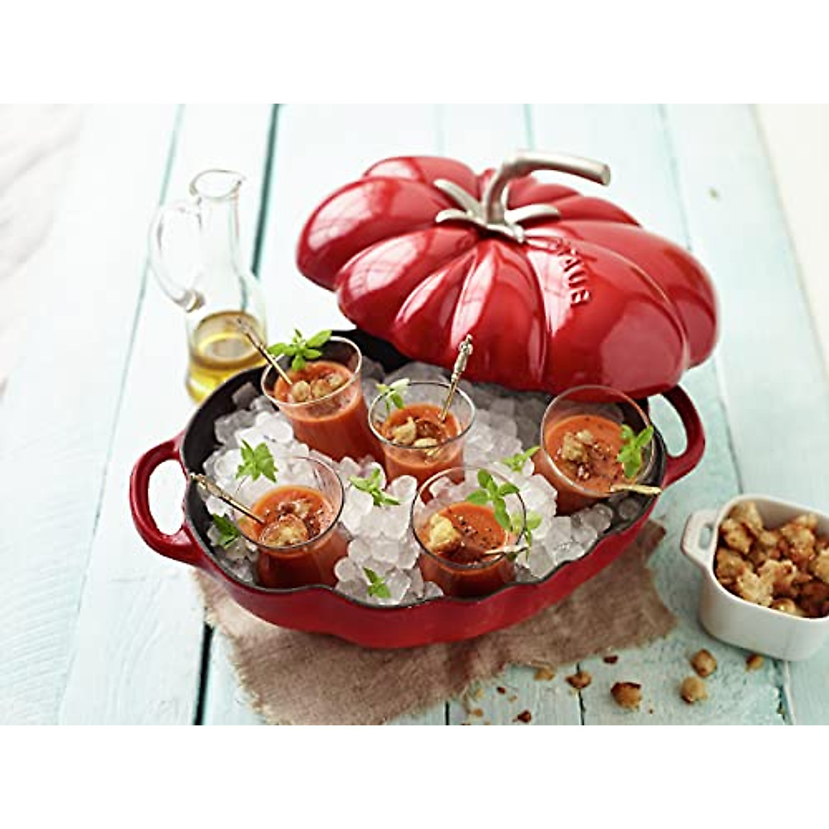 STAUB Cast Iron Dutch Oven 3-qt Tomato Cocotte, Made in France, Serves 2-3, Cherry