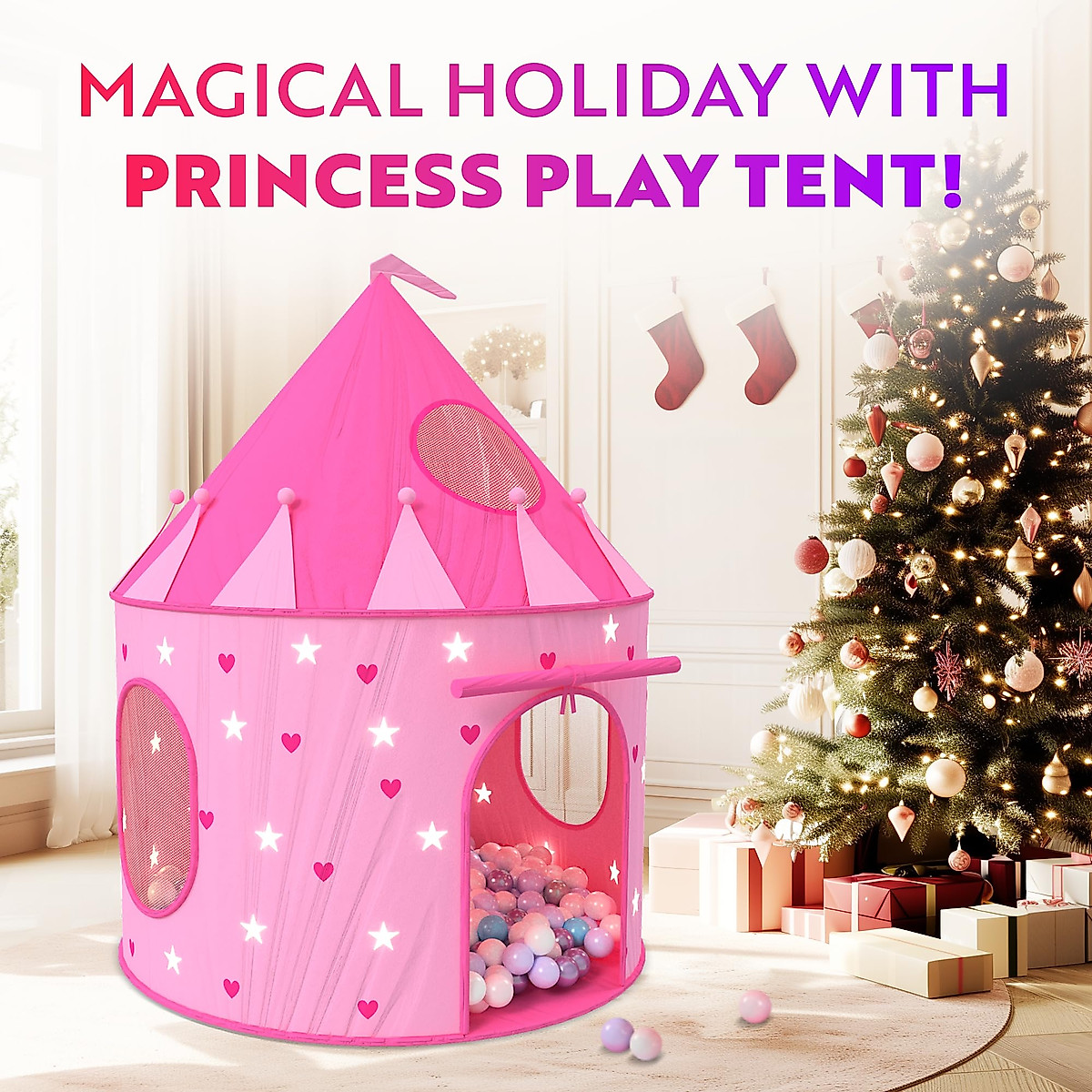 Playz 5-Piece Princess Castle Girls Pop Up Play Tent & Dress Up Costume Bundle - Playhouse Gift for Girls & Toddler for Indoor & Outdoor Use with Pink Fairy Tale Carrying Bag & Glow in The Dark Stars