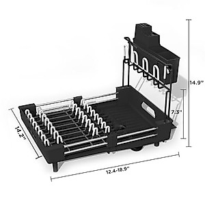 Ollieroo Dish Drying Rack, Rustproof Dish Racks for Kitchen Counter with Removable Utensil Holder,Knife Slots and Cups Holder,Large Capacity Drying Rack for Storage Plates Bowls Cups Utensil(Black)
