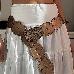 ABYOVRT Women Vintage Y2k Belt Concho Rivet Leather Belts Western Cowgirl E Girl 90s Accessories for Skirts Pants Dress (E-Brown)