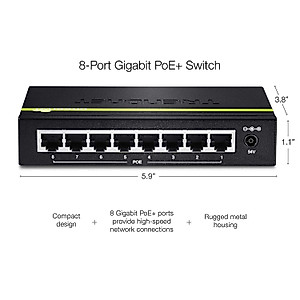 TRENDnet 8-Port Gigabit PoE+ Switch, 123 W PoE Power Budget, 16 Gbps Switching Capacity, Metal housing, TPE-TG80G, V3.0R (Renewed)