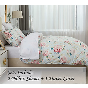 DAUAOTO Queen Size 90"X90" Duvet Cover Set, Bedding Cotton Floral Print Pattern for Teens Girls, Rose Flower Garden
