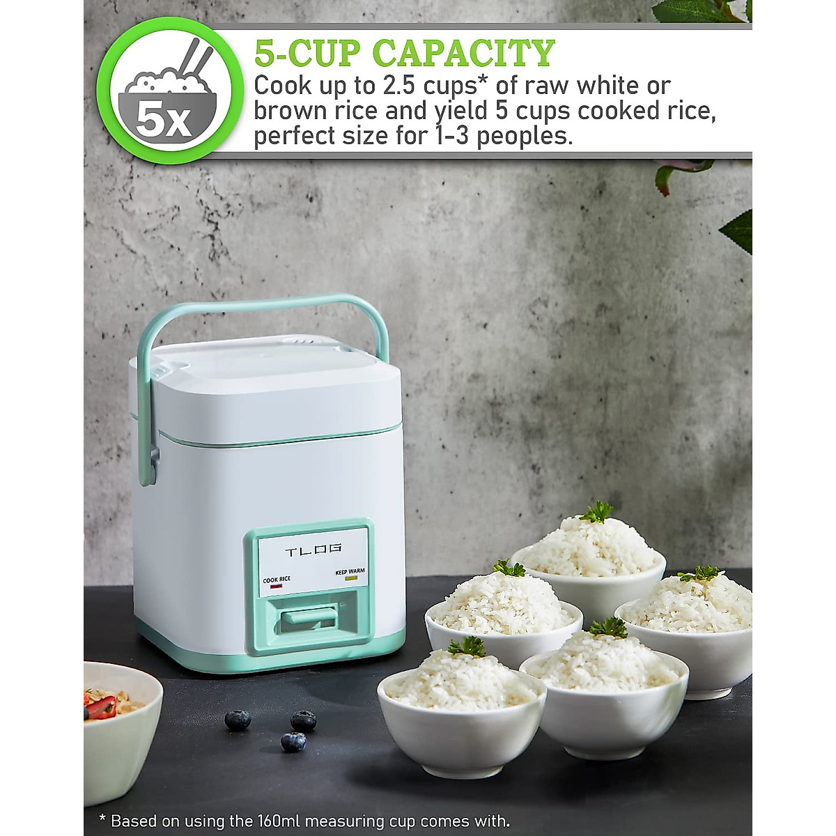 TLOG Mini Rice Cooker 2.5-Cup Uncooked, Healthy Non-stick 1.2L Small Rice Cooker for 1-3 People, Portable Travel Rice Cooker with Steam Tray, Rice Maker for Grains, White Rice, Oatmeal, Veggies