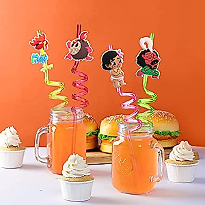 AFZMON 24 PCS Moana Drinking Straws Reusable Moana Plastic Beverages Cocktail Straw with Cartoon Decoration for Kids Moana Party Supplies for Birthday Party Favors
