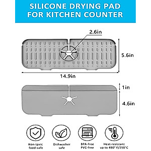 Large Silicone Dish Drying Mat with Faucet Mat - 20" x 16" - Dish Drying Mat, Dish Drainer Mat for Kitchen Counter, Heat Resistant Hot Pot Pad, Non-Slip Sink Mat, BPA Free, Dish Washer Safe(Grey)
