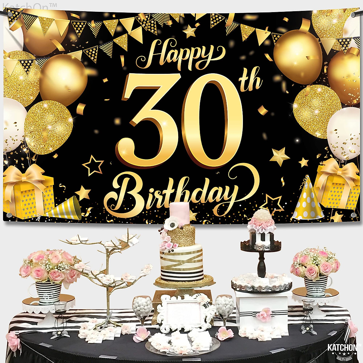 KatchOn, Happy 30th Birthday Backdrop - Large, 72x44 Inch | Black and Gold 30th Birthday Decorations | Happy 30th Birthday Banner for 30th Birthday Party Men, Women