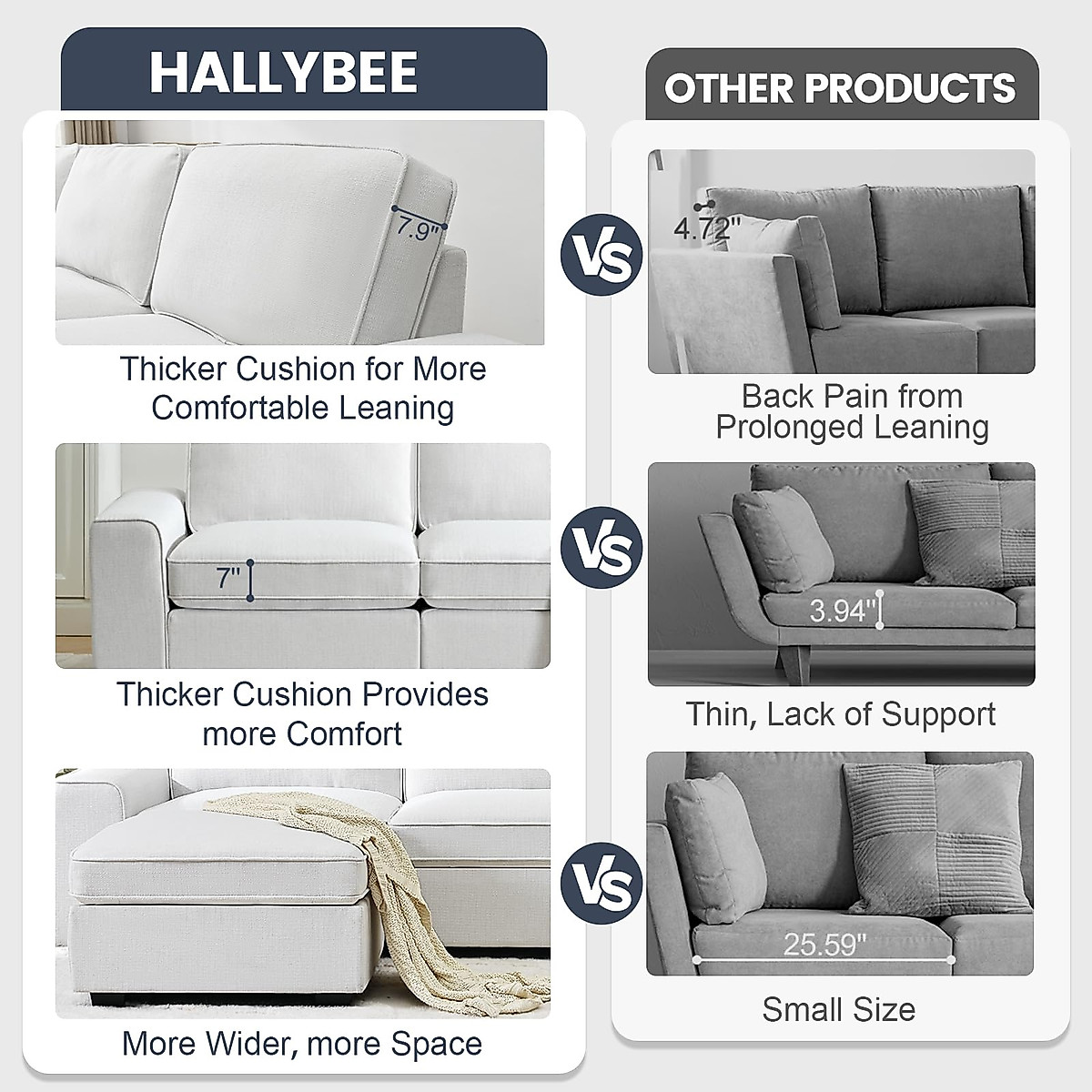 HALLYBEE 101" Modular Sectional Sofa Convertible L Shaped Couch with Storage Ottoman Linen White Couch with Chaise Comfy Sectional Couches for Living Room Apartment Office