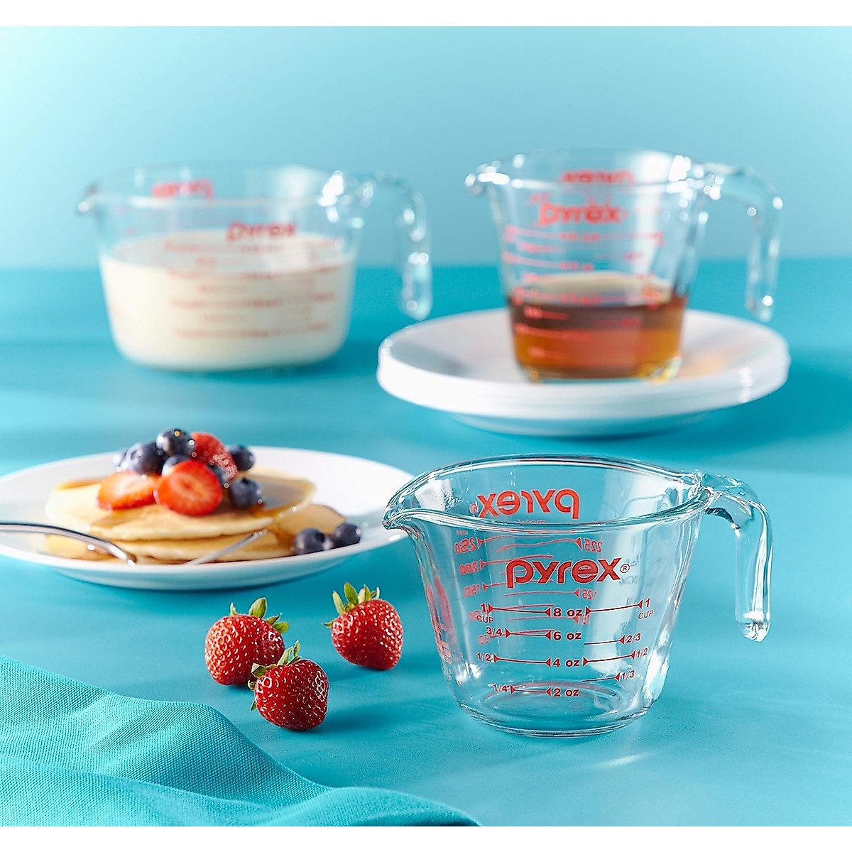 Pyrex 3 Piece Glass Measuring Cup Set, Includes 1-Cup, 2-Cup, and 4-Cup Tempered Glass Liquid Measuring Cups, Dishwasher, Freezer, Microwave, and Preheated Oven Safe, Essential Kitchen Tools