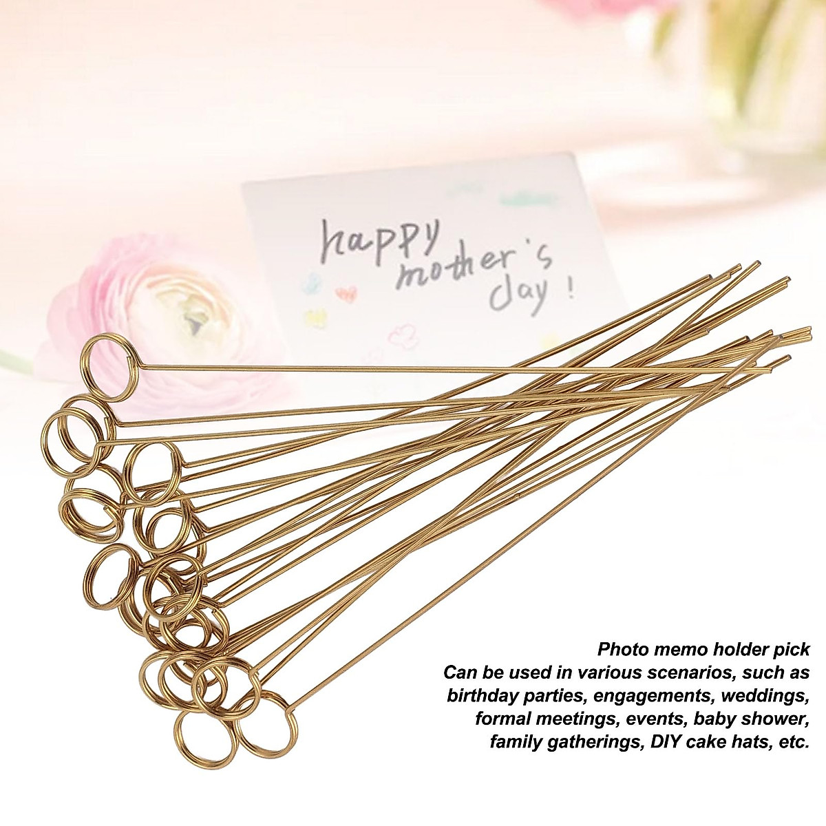 JUOPZKENN 50pcs Floral Picks Clips Reusable Golden Metal Wire Floral Place Card Holder 6in Photo Memo Holder Pick for Wedding Engagement(Round)