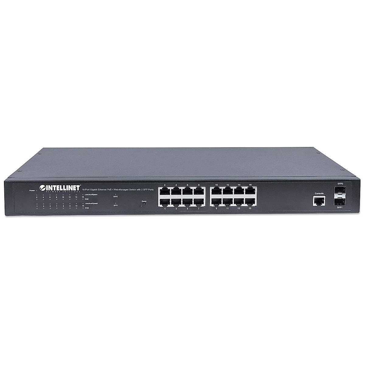 Intellinet 16 Port Gigabit Managed PoE Switch - POE Power Budget of 220W, 2 SFP Slots, Self-Healing, IPv4/v6, 19" Rackmount –3 Yr Mfg Warranty- 561341