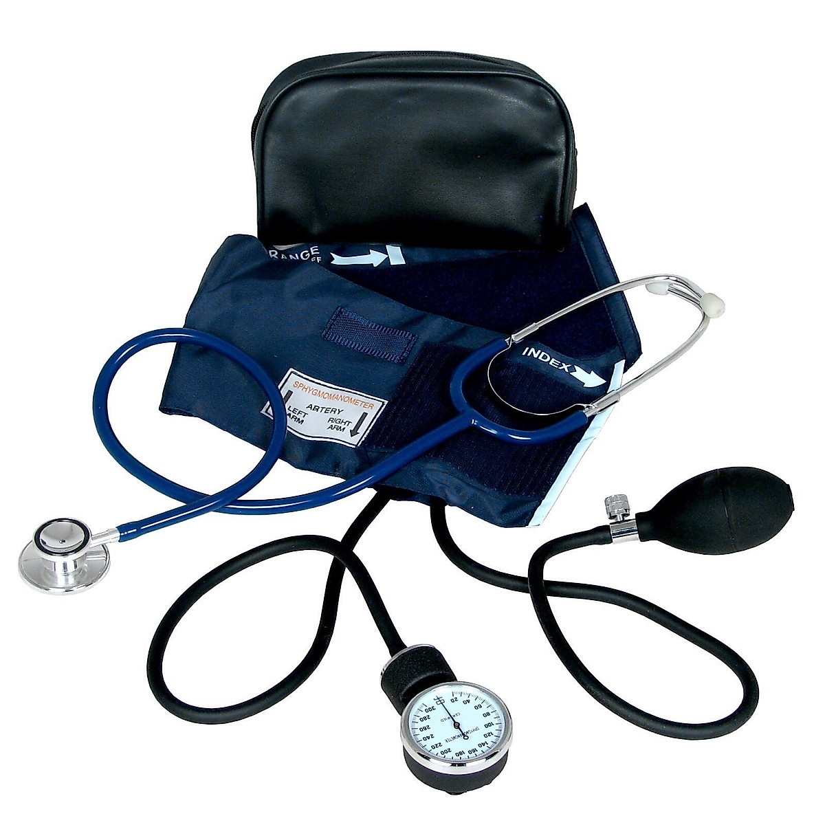 Dixie EMS Aneroid Sphygmomanometer and Dual Head Stethoscope Set with Adult Size Blood Pressure Cuff, Calibration Key and Carrying Case – Navy Blue
