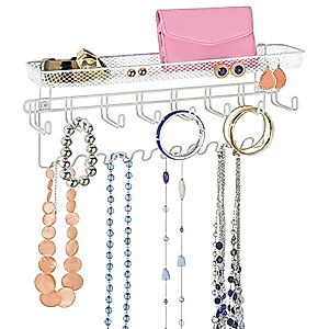 mDesign Steel Wall Mount Closet Jewelry Storage Organizer Rack Holder with 8 Hooks and Basket for Bedroom - Holds Necklaces, Bracelets, Watches, Sunglasses, Purses - Concerto Collection, White