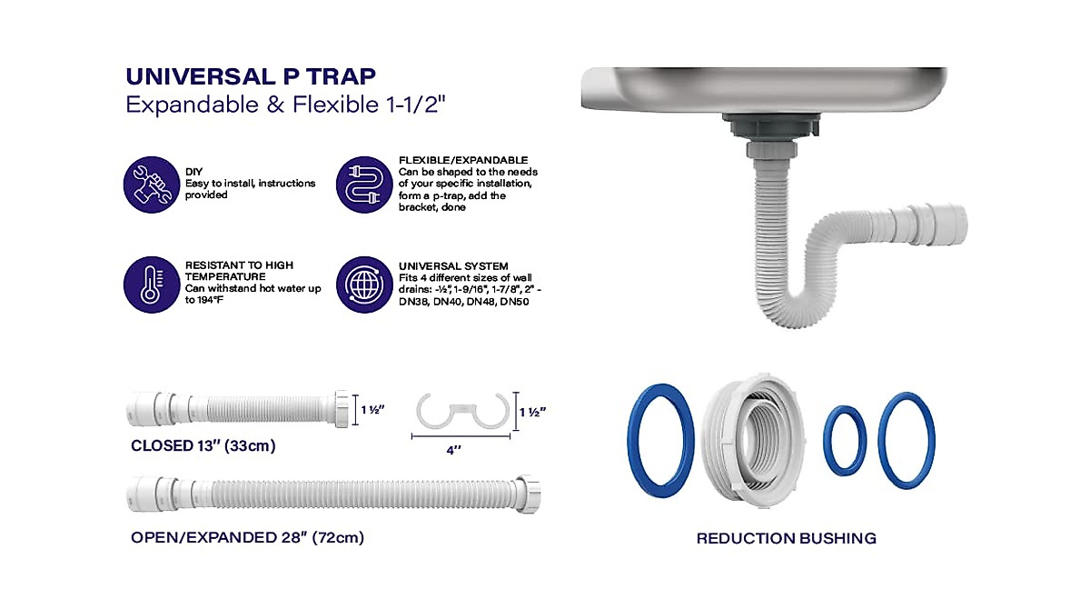 EasyDrain Universal P-Trap - Flexible, Expandable, Fits All Sizes