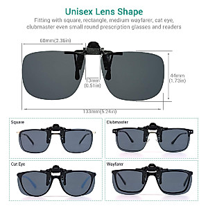 WANGLY Polarized Unisex Clip on Flip up Sunglasses over Prescription Glasses Frames and Readers Suitable for Driving, Grey Lens