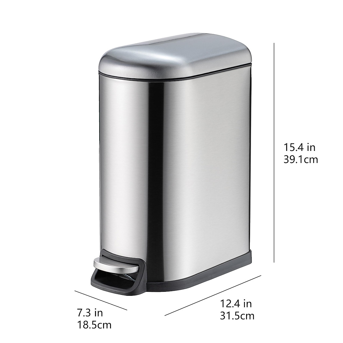 Amazon Basics 10 Liter / 2.6 Gallon Soft-Close, Smudge Resistant Trash Can with Foot Pedal for Narrow Spaces - Brushed Stainless Steel