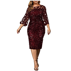 SHENYANGWA Plus Size Summer Dresses Sexy Hollow Out Long Sleeve Mesh See Through Sequin Midi Dress Casual Party Short Dress Red, 3X-Large