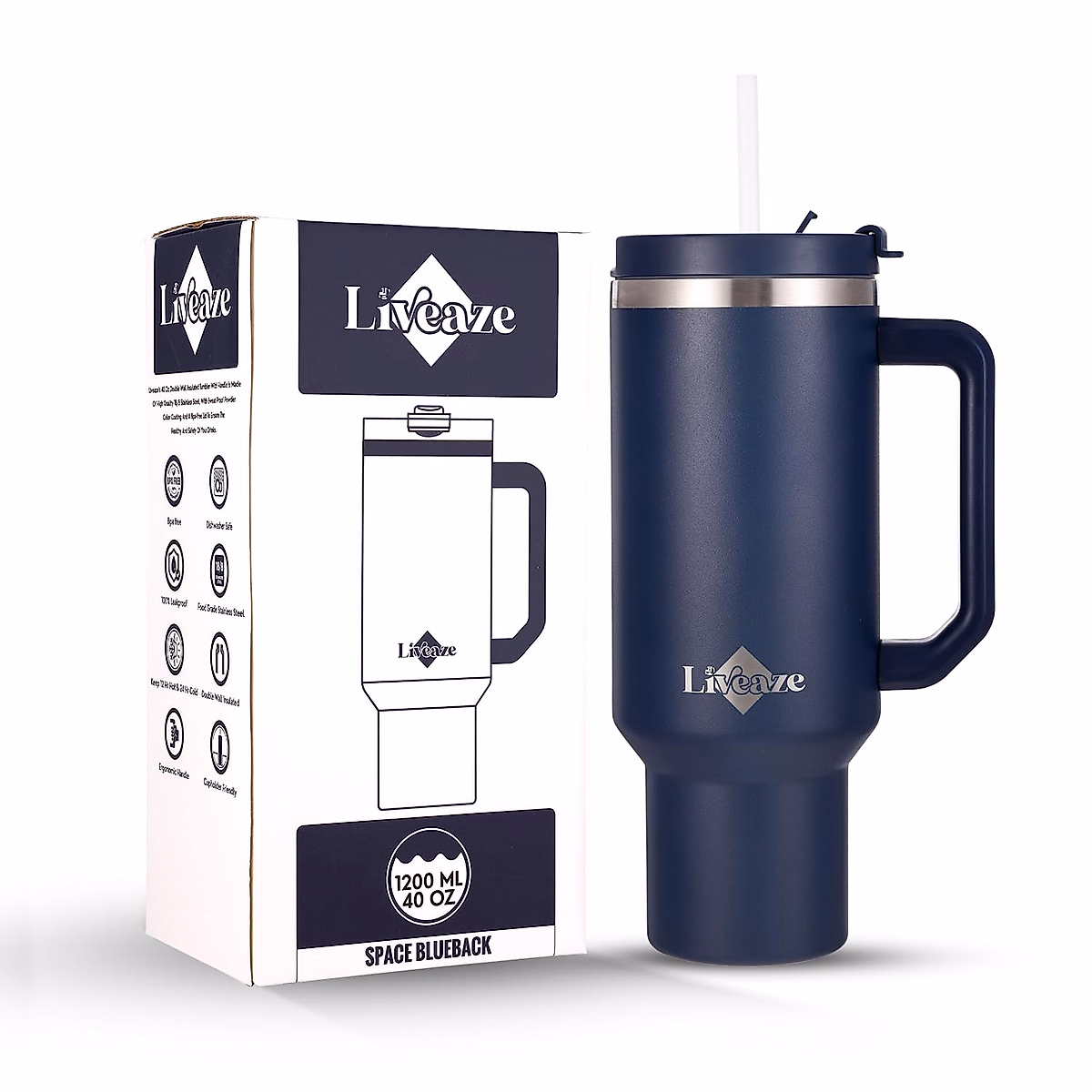 Liveaze 40 OZ/1200 ML Stainless Steel Vacuum Insulated Tumbler With 2 In 1 Lid, Straw & Brush | For Hot & Cold Drinks (Water, Coffee, Iced Tea, Smoothies & Other Drinks) Cupholder Friendly