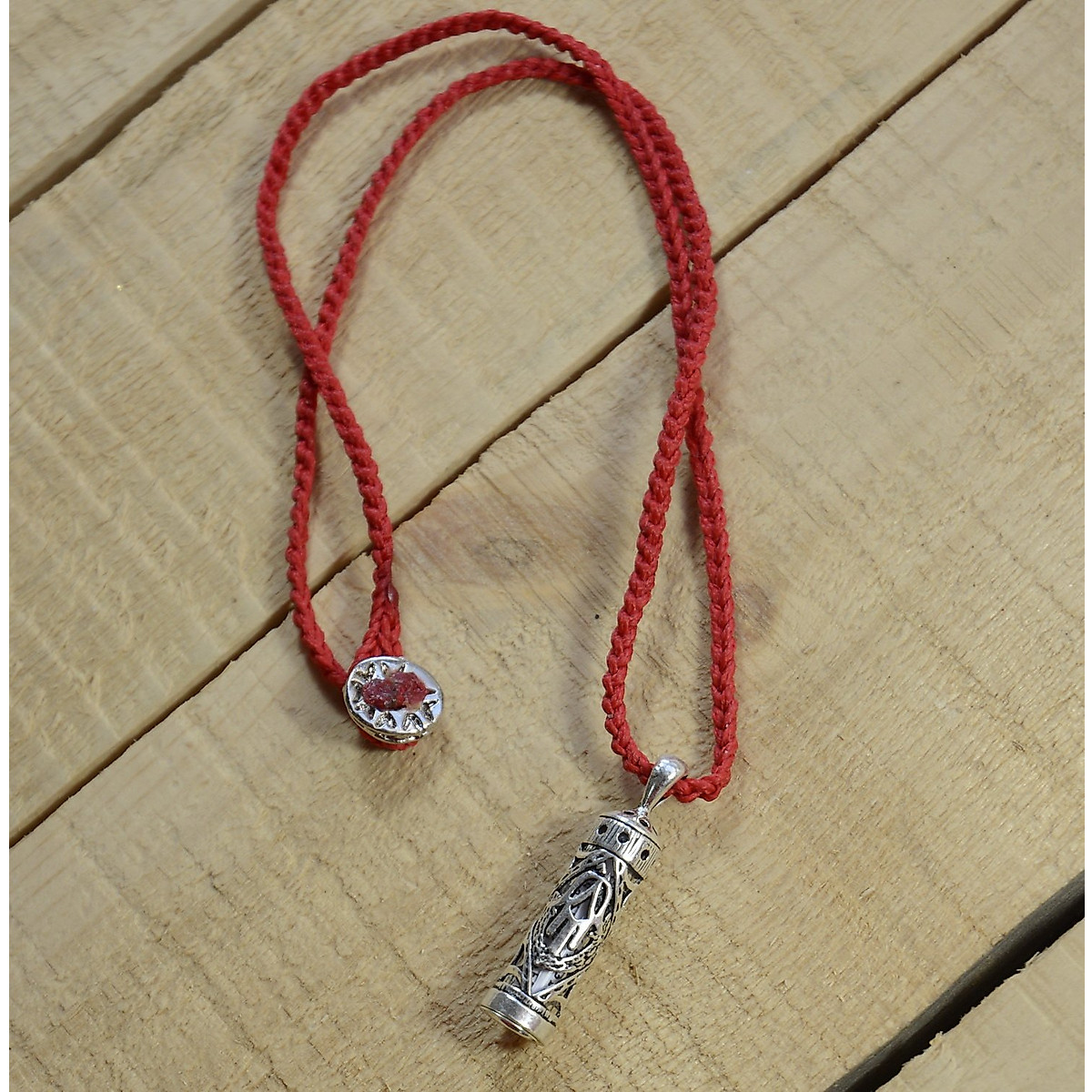 MIZZE Made for Luck Women's Traveler's Prayer in Sterling Silver Mezuzah Prayer Box on Red Knitted Necklace