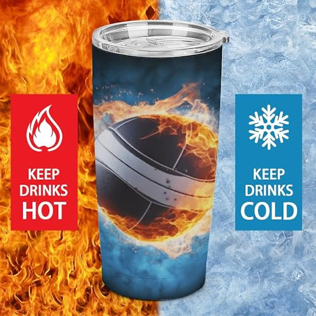 FHENMSA Stainless Steel Insulated Travel Coffee Mug,Ice And Fire Volleyball Print Reusable Car Cup,Thermal Cup for Outdoor with Straw And Lid