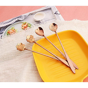 Diaertiny 12Pcs Flower Spoon Long Handle Coffee Dessert Stirring Ice Teaspoons Gold, Rose Gold, Rainbow Cocktail Stainless Steel Spoons for Bar Home Office Party