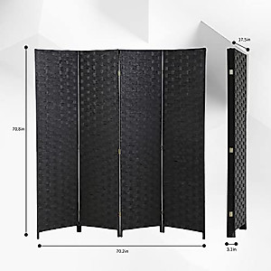 Room Divider 6FT 4 Panels Wall Divider Privacy Screen Wood Mesh Hand-Woven Design Room Screen Divider Indoor Folding Portable Partition Screen (Black)