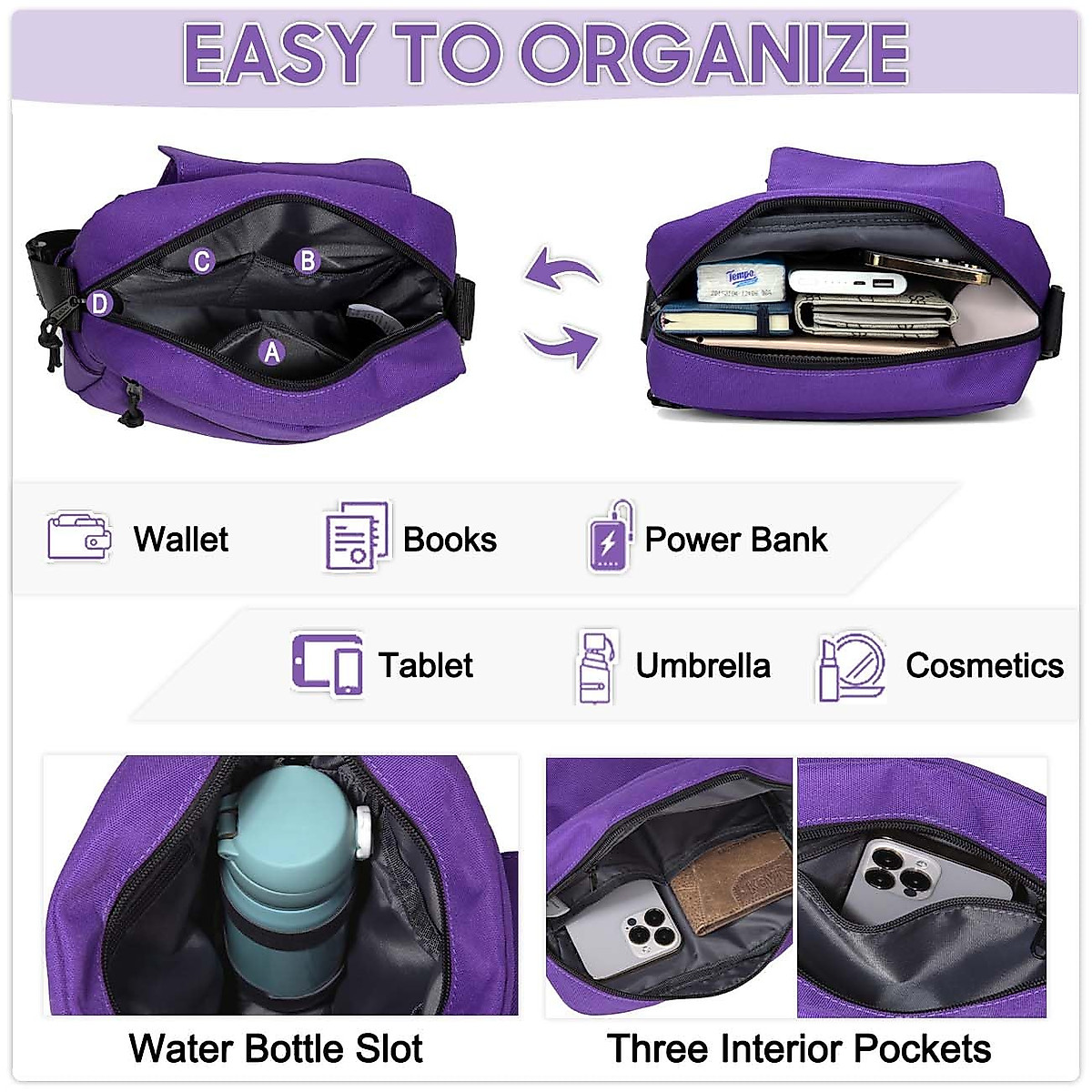 VASCHY Small Messenger Bag, Lightweight Casual Crossbody Sling Shoulder Side Bag for Women for Work/Travel/Daily Purple