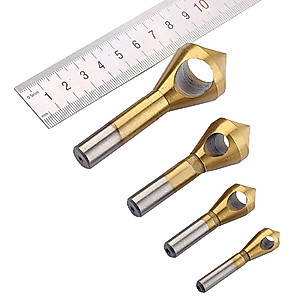 4 Pieces Chamfer Countersink Deburring Drill Bits Set Titanium Coated 6/8/10/12mm Round Shank Single End Countersinks Hole for Metal and Plastic