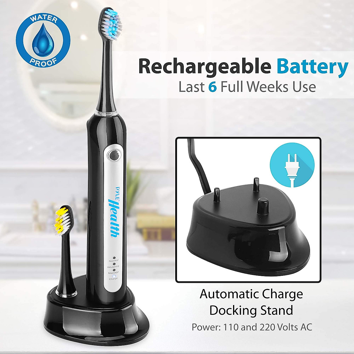 Pyle Health Ultra Sonic Wave Rechargeable Electric Toothbrush with 3 Brush Modes, Two Minute Timer, 2 Oral Brush Heads, Automatic Charging Dock Holder - for Kids, Teens, Adults - PHLTB41BK.5 (Black)