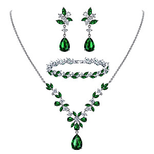 EleQueen Women's Wedding Bridal Jewelry Set for Brides Bridesmaids, Sparkle Cubic Zirconia Teardrop Necklace Dangle Earrings Bracelet Sets for Party Prom Emerald Color