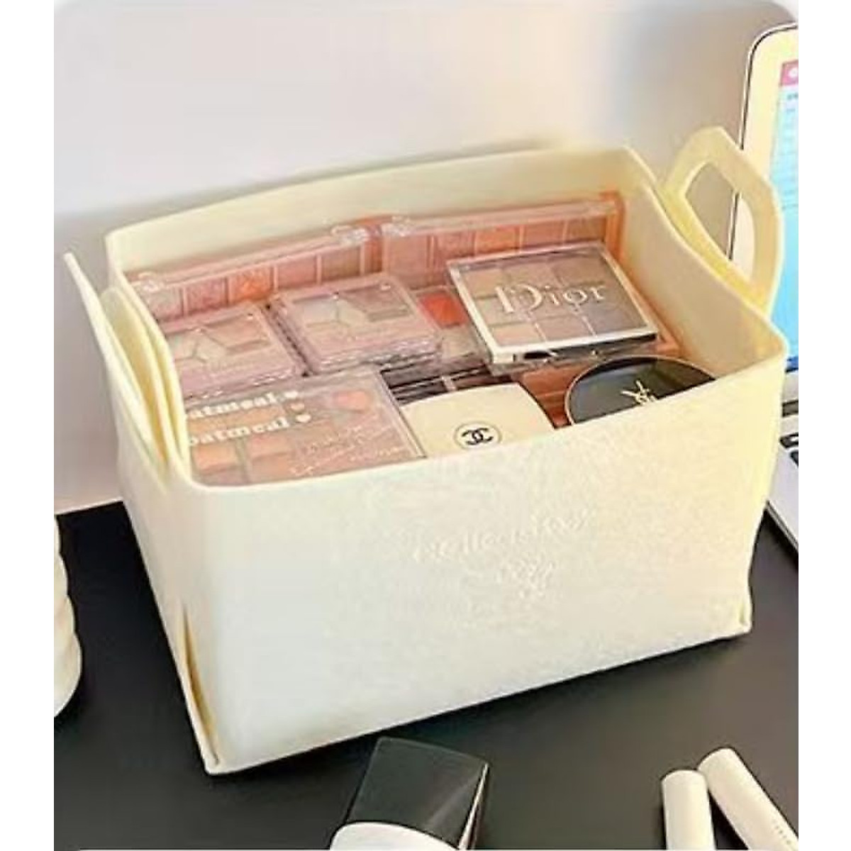 Wycoroy Storage Baskets Collapsible Felt Storage Bin Set, Organizer with Carry Handles, Storage Box for Shelves, Clothing, Books, Shoes,Toys (Beige, Lagge)