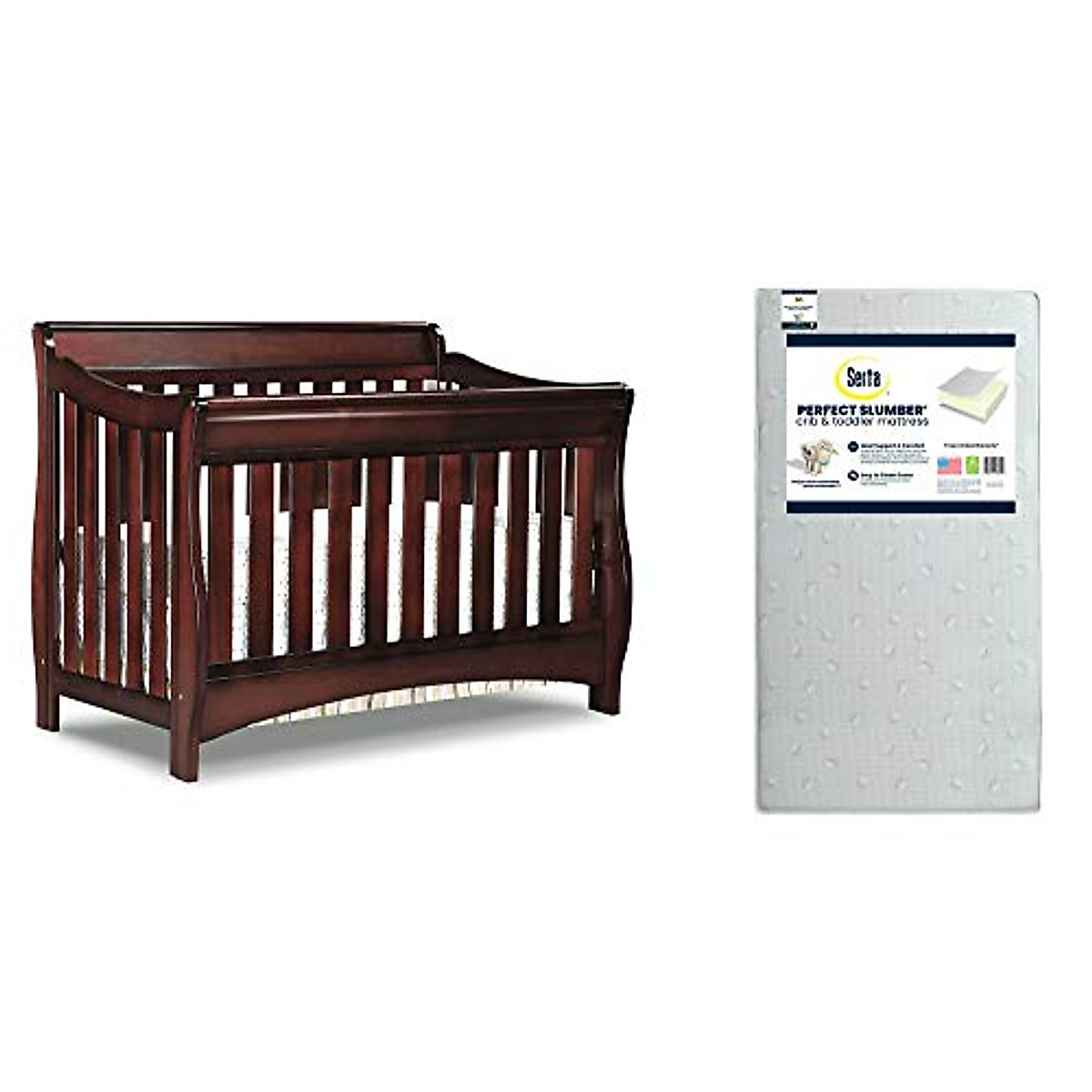 Delta Children Bentley S Series 4-in-1 Crib, Black Cherry Espresso + Serta Perfect Slumber Dual Sided Recycled Fiber Core Crib and Toddler Mattress (Bundle)